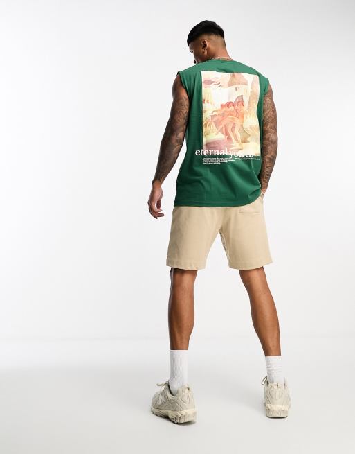 Asos Design Oversized Tank Top In Forest Green With Artistic Back Print