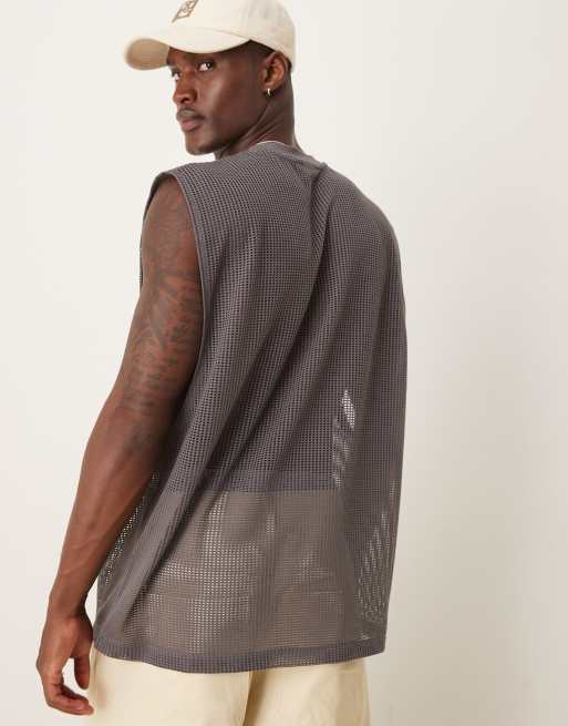 ASOS DESIGN oversized tank with dropped armhole in charcoal open mesh ...