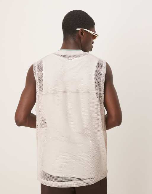 ASOS DESIGN oversized tank with v-neck in stone open mesh | ASOS