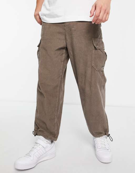 Asos Design Oversized Tapered Cord Pants With Cargo Pockets In Brown Asos