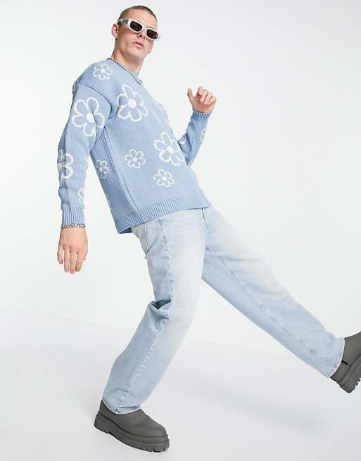 ASOS DESIGN oversized textured floral knit sweater in blue ASOS DESIGN oversized textured floral knit sweater in blue