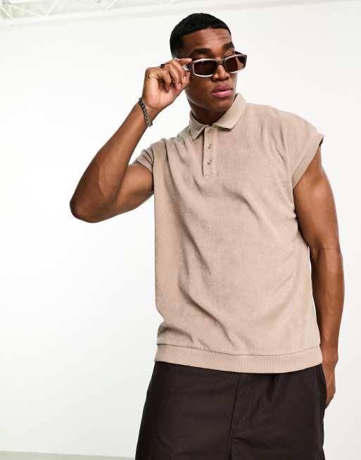 ASOS DESIGN oversized vest in neutral with polo collar in towelling | ASOS