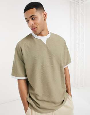 ASOS DESIGN oversized waffle t-shirt in with contrast ringer in washed khaki | ASOS