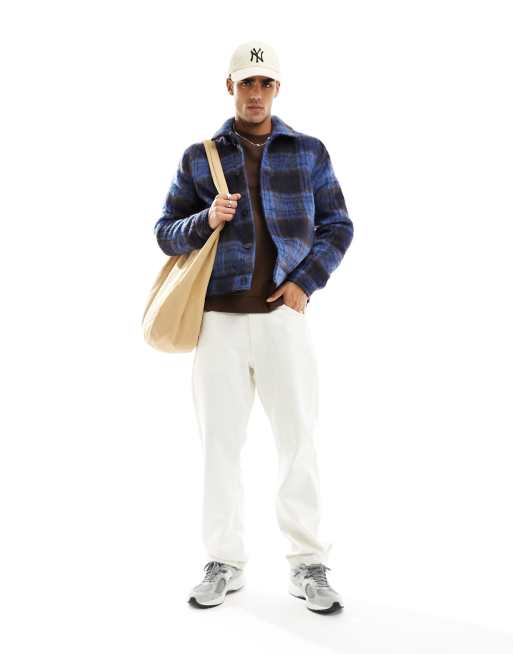ASOS DESIGN oversized wool harrington jacket in blue check | ASOS