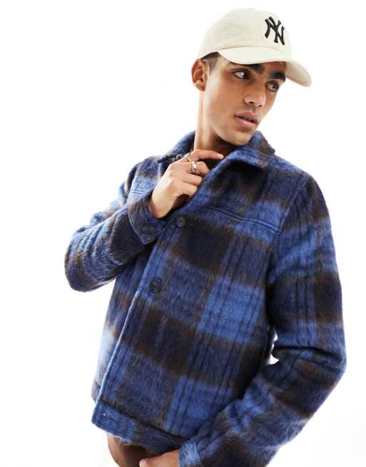 ASOS DESIGN oversized wool harrington jacket in blue check | ASOS