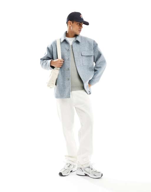 Asos Design Oversized Wool Look Textured Shacket In Light Blue Asos