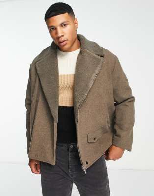 ASOS DESIGN oversized wool mix biker jacket with borg collar in beige ...