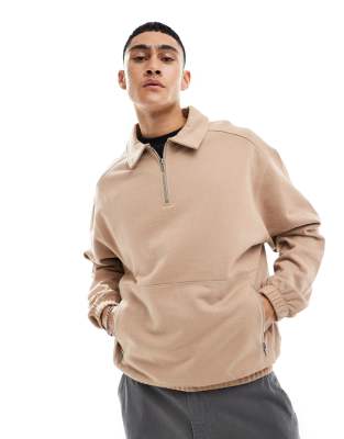 ASOS DESIGN oversized zip collar sweater in beige | ASOS