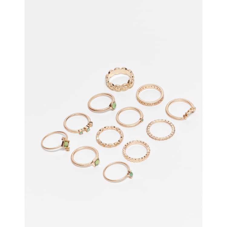 ASOS DESIGN pack of 12 rings in worn gold tone
