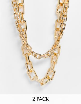 ASOS DESIGN pack of 2 necklaces in square link chain in gold tone | ASOS