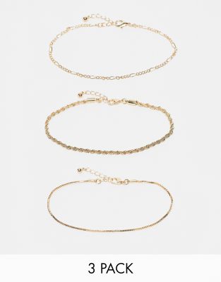 ASOS DESIGN pack of 3 anklets with mixed chain design in gold tone | ASOS