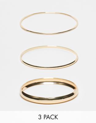 ASOS DESIGN pack of 3 bangles in minimal mixed skinny detail in gold ...