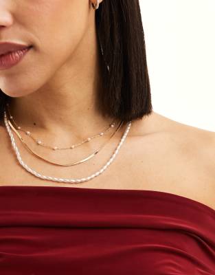 ASOS DESIGN pack of 3 necklaces with faux pearl and snake chain design ...