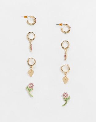 ASOS DESIGN pack of 4 earrings with flower stud and crystals in gold ...