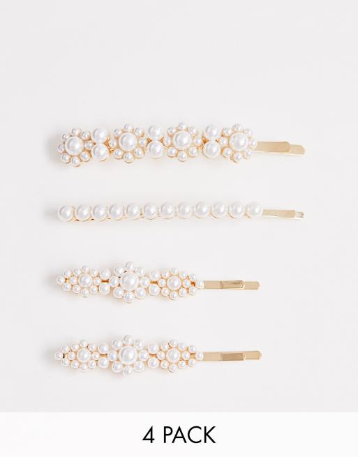 ASOS DESIGN pack of 4 hair clips in mixed pearl shapes in gold tone | ASOS