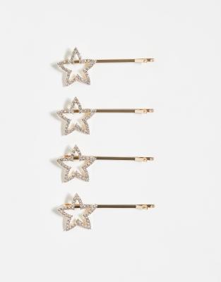 ASOS DESIGN pack of 4 sparkly crystal star hair slide clips in gold ...