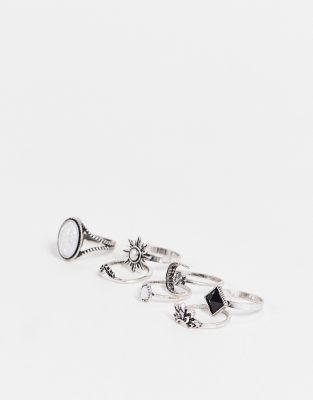 ASOS DESIGN pack of 7 rings in mixed 90s designs in silver tone | ASOS
