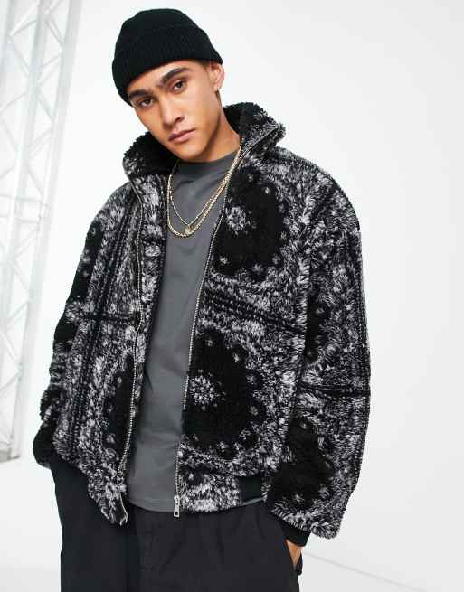 ASOS DESIGN paisley borg oversized bomber jacket in black | ASOS