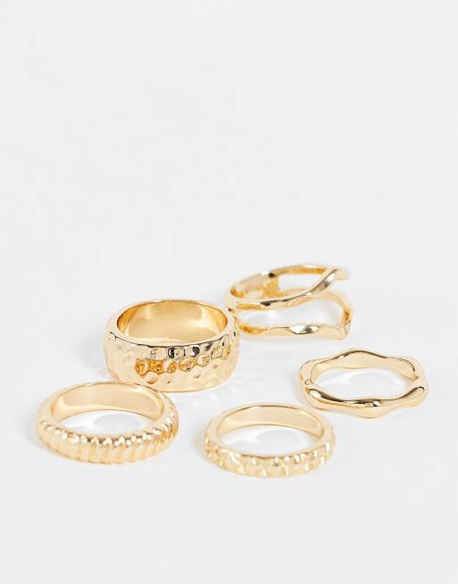 Asos Design Pakke Med 5 Guldfarvede Ringe Med Tekstureret Design Asos
