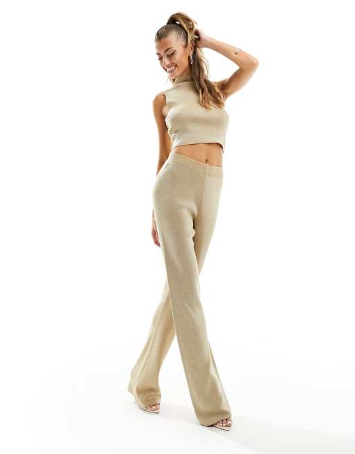 Asos Design Pantalon évasé En Maille Métallisée Doré Asos