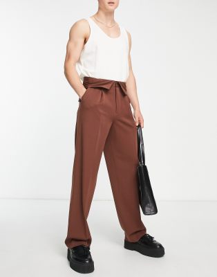 ASOS DESIGN - Pantalon large élégant avec taille rabattue - Marron chocolat | ASOS