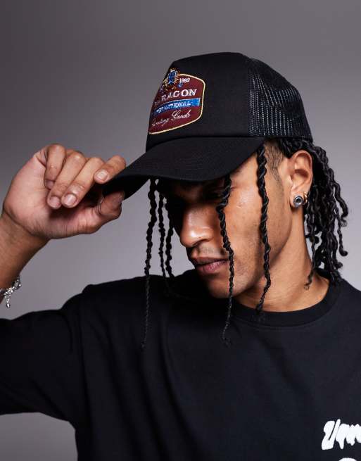 ASOS DESIGN paragon badged trucker cap in black | ASOS