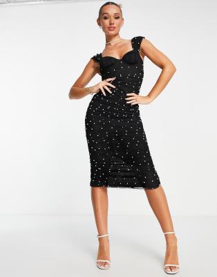 ASOS DESIGN pearl mesh corset midi dress in black | ASOS