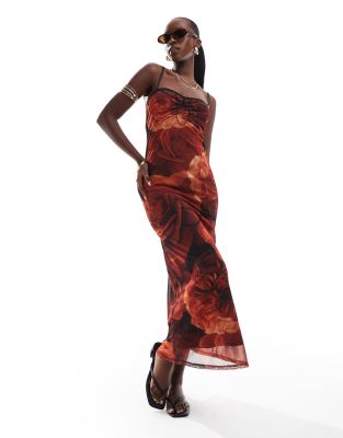 ASOS DESIGN peekaboo mesh midaxi dress with picot trim in rose print | ASOS