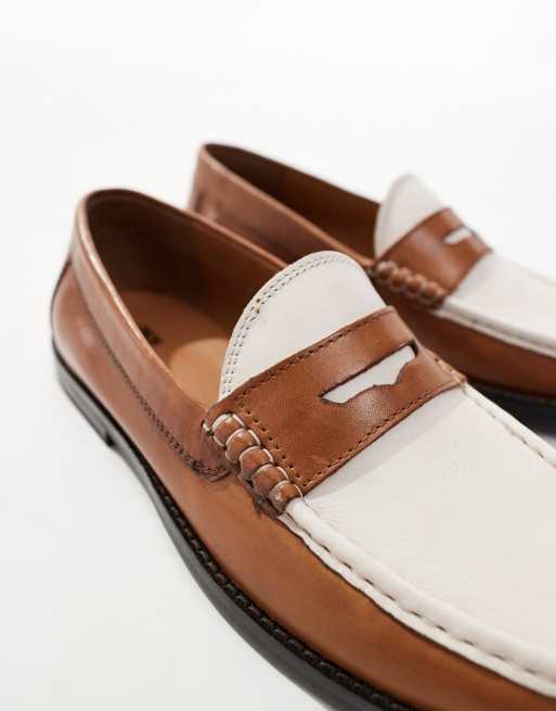 ASOS DESIGN penny loafers in tan and white leather | ASOS