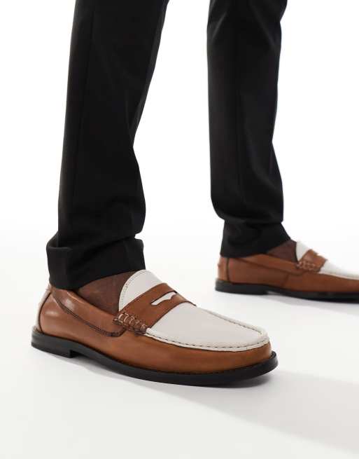 ASOS DESIGN penny loafers in tan and white leather | ASOS