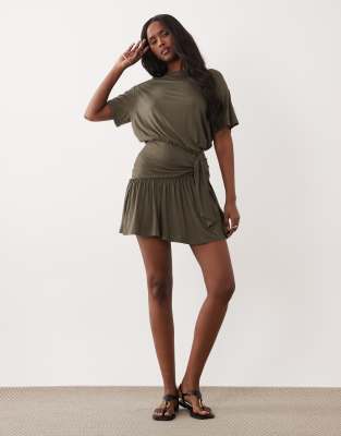 ASOS DESIGN peplum hem mini dress with tied knot detail in khaki | ASOS