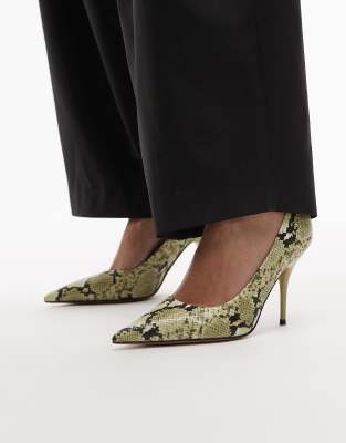 ASOS DESIGN Perth pointed stiletto high heel court shoes in green snake ...