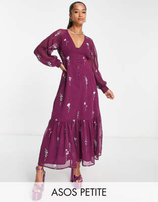 ASOS DESIGN Petite button through embroidered maxi tea dress in wine | ASOS