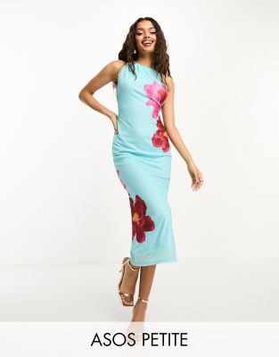 ASOS DESIGN Petite high asymmetric neck maxi dress in blue floral ...