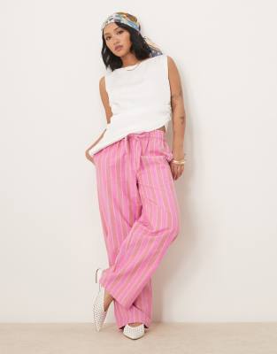 ASOS DESIGN Petite linen look pull on pants in pink stripe | ASOS