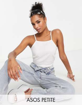 ASOS DESIGN Petite linen square neck sun top with lace up back in white ...