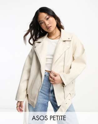 ASOS DESIGN Petite longline oversized faux leather biker jacket in ecru ...