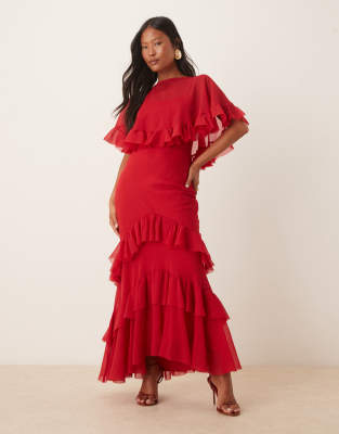 ASOS DESIGN Petite - Maxi-jurk met cape en ruches in rood | ASOS