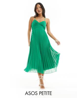 ASOS DESIGN Petite pleated bodice strappy pleat midi dress in green | ASOS