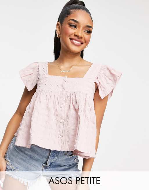 ASOS DESIGN Petite puff textured button through ruffled sun top in pink ...