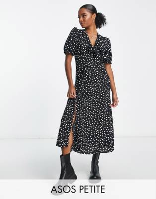 ASOS DESIGN Petite - Robe boutonnée mi-longue à pois avec lien noué à l'avant - Noir et blanc | ASOS