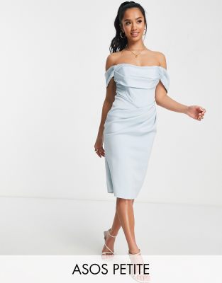 ASOS DESIGN Petite - Robe fourreau mi-longue avec détail corset et encolure Bardot drapée - Bleu ...
