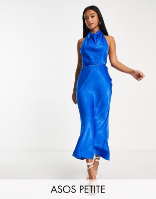 ASOS DESIGN Petite - Robe mi-longue à col bénitier et dos nu avec lien noué à la taille - Bleu ...