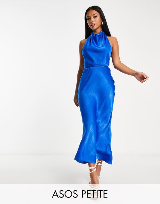 ASOS DESIGN Petite - Robe mi-longue à col bénitier et dos nu avec lien noué à la taille - Bleu ...