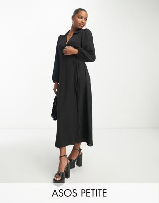 ASOS DESIGN Petite - Robe mi-longue cache-cœur avec col - Noir | ASOS