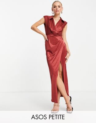 ASOS DESIGN Petite - Satijnen maxi jurk met kraag en plooi aan de zijkant in gebrande henna | ASOS