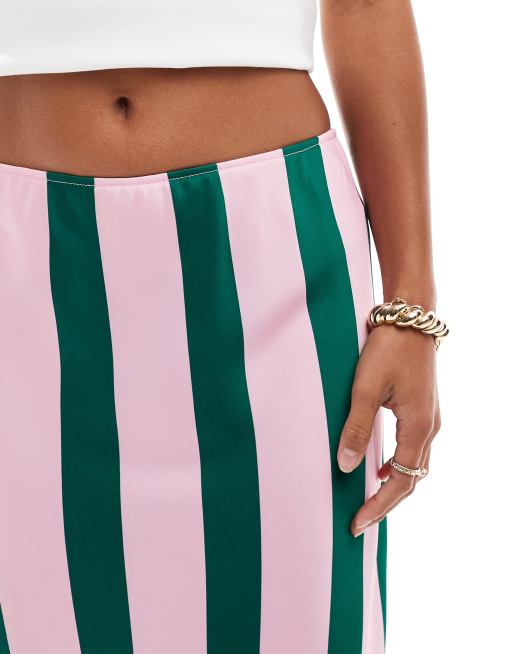 ASOS DESIGN Petite satin maxi bias skirt in pink and green stripe ASOS