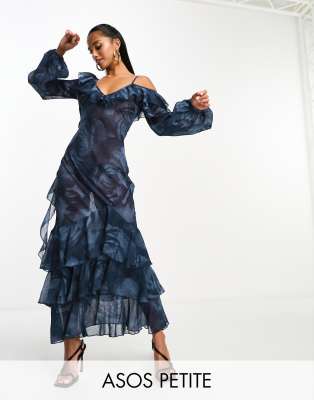 ASOS DESIGN Petite sheer ruffle strap maxi dress in blue floral | ASOS