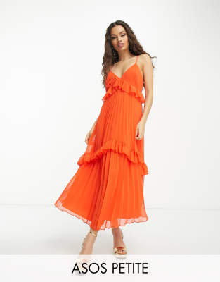 ASOS DESIGN Petite strappy pleated midi dress with frills in orange | ASOS