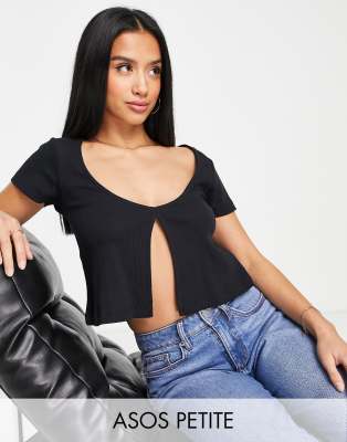 ASOS DESIGN Petite top with split front in rib in black | ASOS